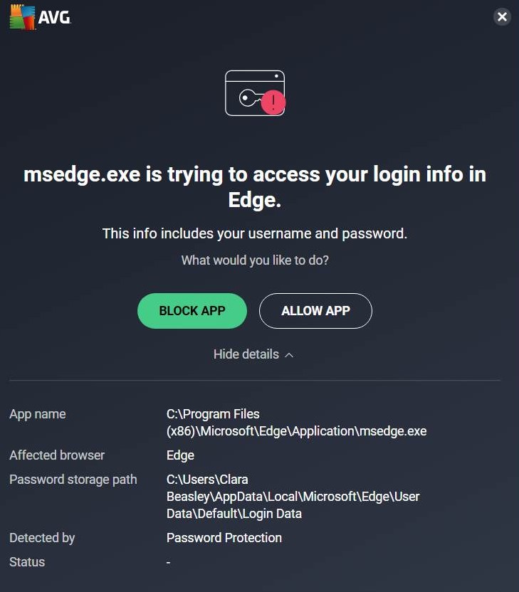 POP up - msedge.exe is trying to access your login details | AVG
